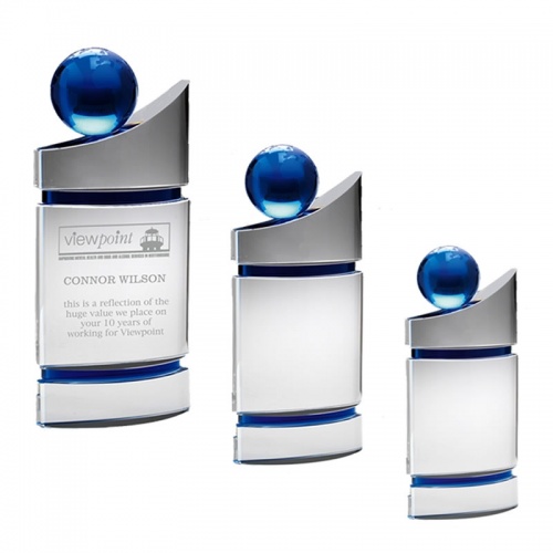 Clear & Blue Glass Award with Blue Globe - Awards Trophies Supplier